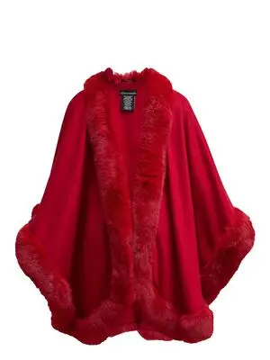 Sofia Cashmere Cape With Faux Fur Trim - Red
