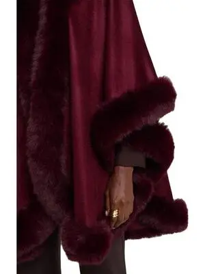 Sofia Cashmere Cape With Faux Fur Trim - Wine