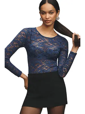Anthropologie Lace Crew-Neck Top Blue