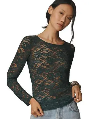Anthropologie Lace Crew-Neck Top Midnight Forest