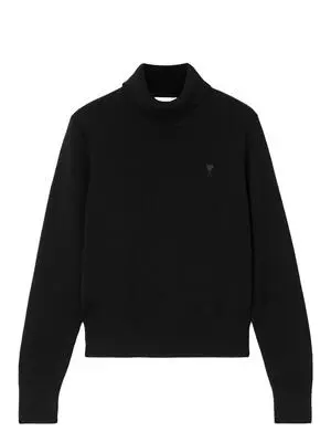 Ami Embroidered Wool Turtleneck Sweater - Black