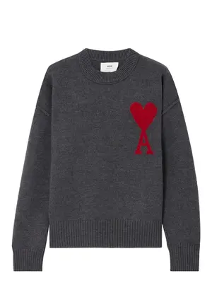 Ami Adc Intarsia Wool Sweater - Gray