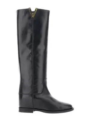 VIA ROMA 15 Smooth Calfskin Knee-high Boots With Medium Heel - Black