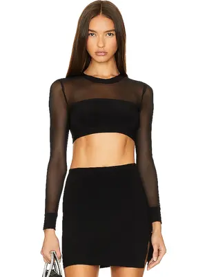 Norma Kamali X Crewneck Banded Midriff Top - Black,black Mesh