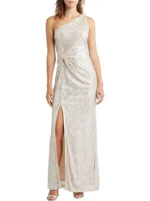 Eliza J Sequin One-shoulder Gown - Silver