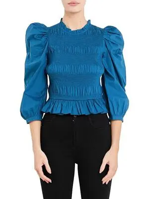 English Factory Smocked Poplin Top - Teal Blue