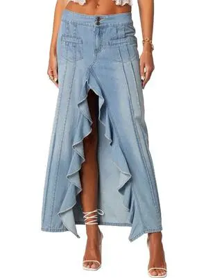 EDIKTED Valencia Ruffle Slit Front Denim Maxi Skirt - Blue
