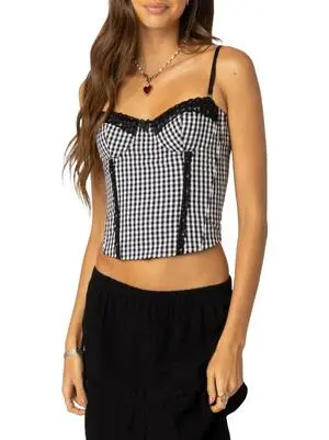 EDIKTED Gingham Lace-up Back Corset Top - Black-and-white