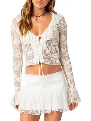 EDIKTED Josalie Tie Front Lace Top - White