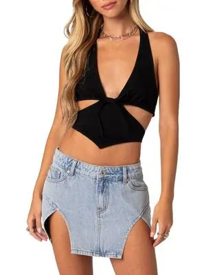 EDIKTED Cady Cutout Crop Halter Top - Black