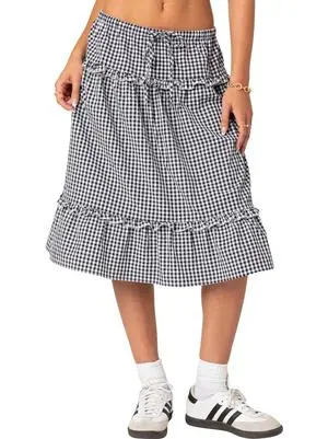 EDIKTED Gingham Tiered Ruffle Midi Skirt - Black-and-white