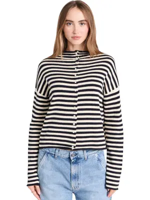 ALEX MILL Taylor Cardigan In Stripe Cotton Cashmere Blend - Navy/ivory