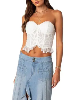 EDIKTED Strapless Lace Corset Crop Top - White