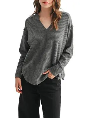 ALL IN FAVOR Textured Knit Henley Top - Charcoal