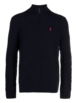 Ralph Lauren Logo-embroidered Cable-knit Half-zip Jumper - Blue