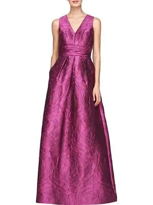 KAY UNGER Mariah Crinkle Pleated Gown - Sangria