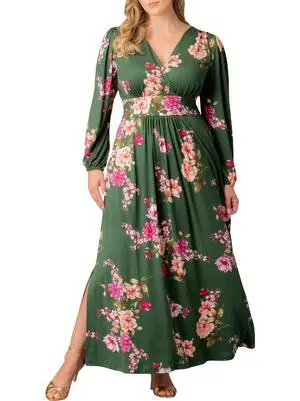 KIYONNA Kelsey Long Sleeve Maxi Dress - Green Floral Print
