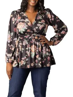 KIYONNA Leah Gathered Top - Black Floral Motif