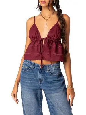 EDIKTED Candy Tie Front Crop Camisole - Burgundy