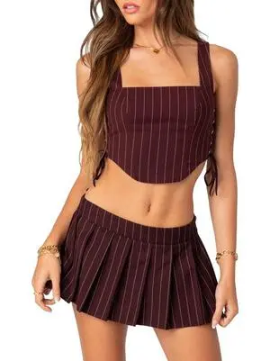 EDIKTED Pinstripe Lace-up Crop Corset - Burgundy