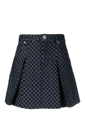 Balmain Pleated Monogram-jacquard Denim Miniskirt - Blue