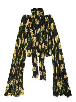Balenciaga Floral-print Pleated Blouse - Black