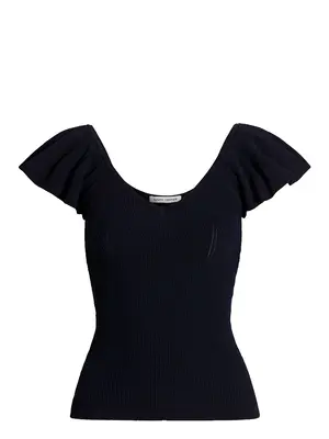 Autumn Cashmere Ruffled Ribbed-knit Top - Navy
