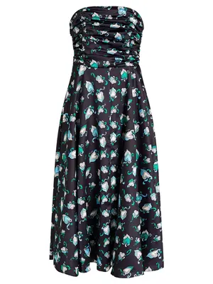 HVN Karla Strapless Printed Midi Dress - Black