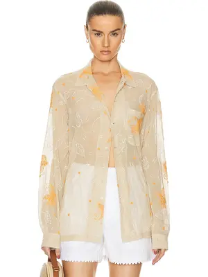BODE Mesh Lillium Long Sleeve Shirt - Tan