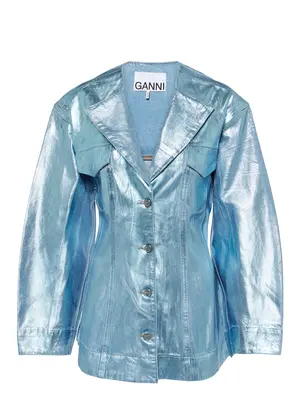 GANNI Foil Metallic Denim Blazer - Blue