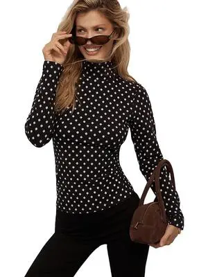 Maeve Printed Long-Sleeve Turtleneck Top Black
