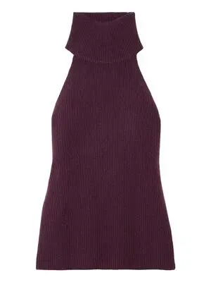 LISA YANG Freya Ribbed Cashmere Turtleneck Tank - Burgundy