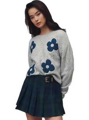 Maeve Cable Floral Pullover Sweater Blue Floral