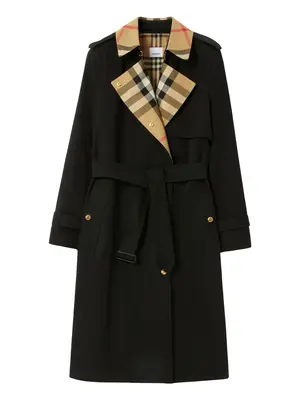 Burberry Check Panel Cotton Trench Coat - Black
