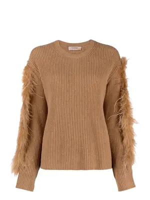 TWINSET Feather-trim Ribbed-knit Jumper - Brown