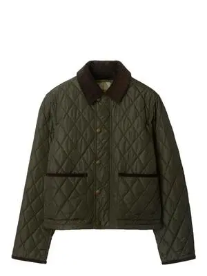 Burberry Cropped Quilted Nylon Jacket With Corduroy Collar - Shale Green/brush Brown