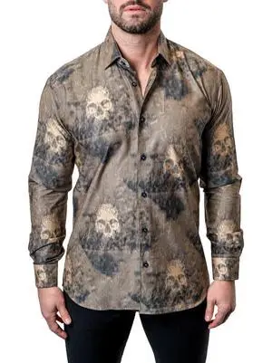 MACEOO Einstein Skull Sand Contemporary Fit Button-up Shirt - Brown