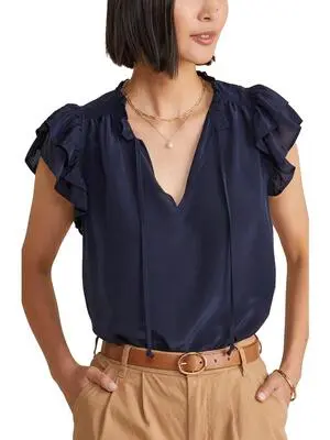 Vineyard Vines Cupro & Silk Flutter Sleeve Top - Nautical Navy
