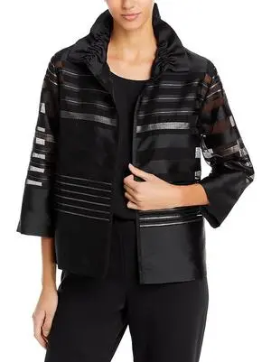 Caroline Rose Sheer Striped Jacket With Ruched Collar - Multi/black