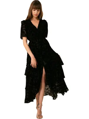 Hale Bob Valentine Velvet Burnout Tiered Dress - Black
