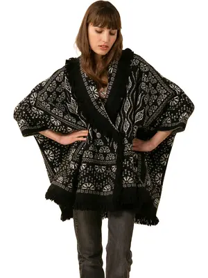Hale Bob Maria Fringe Oversized Poncho Jacquard Sweater - Black