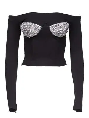 AREA Off-shoulder Crystal Cup Bustier Top - Black