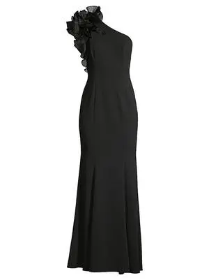 Aidan Mattox Organza Ruffle One-shoulder Gown - Black