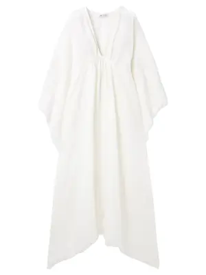 Loro Piana Gloria Frayed Gathered Linen Maxi Dress - Off-white