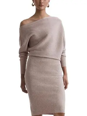 REISS Lara Draped Knitted Bodycon Dress - Neutral