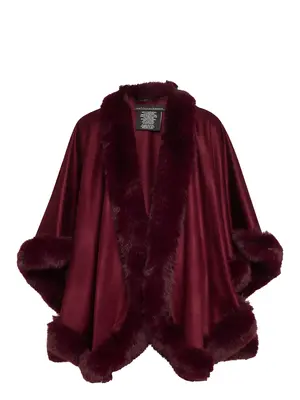 Sofia Cashmere Sofia Cashmere Cape With Faux Fur Trim Wine