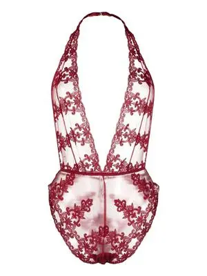 FLEUR OF ENGLAND Gisele Floral-embroidered Halterneck Body - Red
