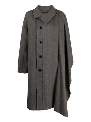 Y’s Herringbone-pattern Asymmetric Mid-length Coat - Grey