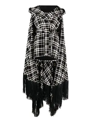 Roberto Cavalli Frayed-hem Plaid Hooded Cape - Black