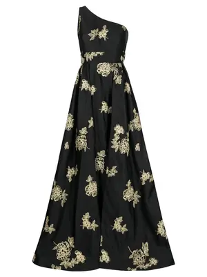 Marchesa Floral-embroidered One-shoulder Gown - Black